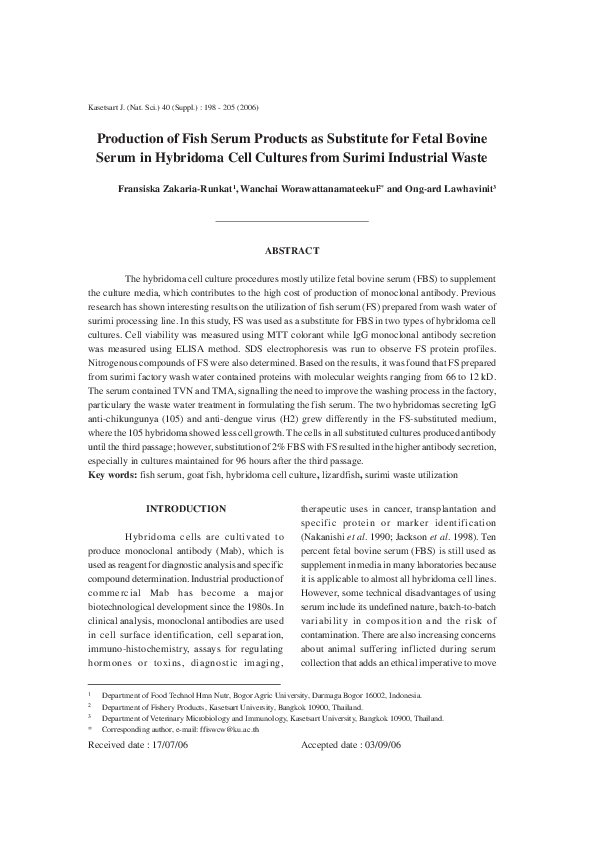 (PDF) Production of Fish Serum Products as Substitute for Fetal Bovine ...