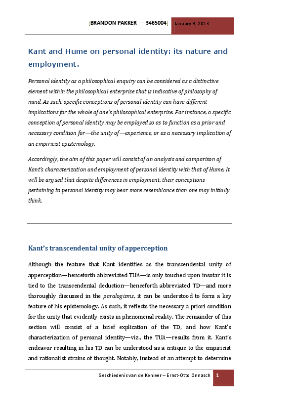 Kant and Hume on Personal Identity: Its Nature and Employment.