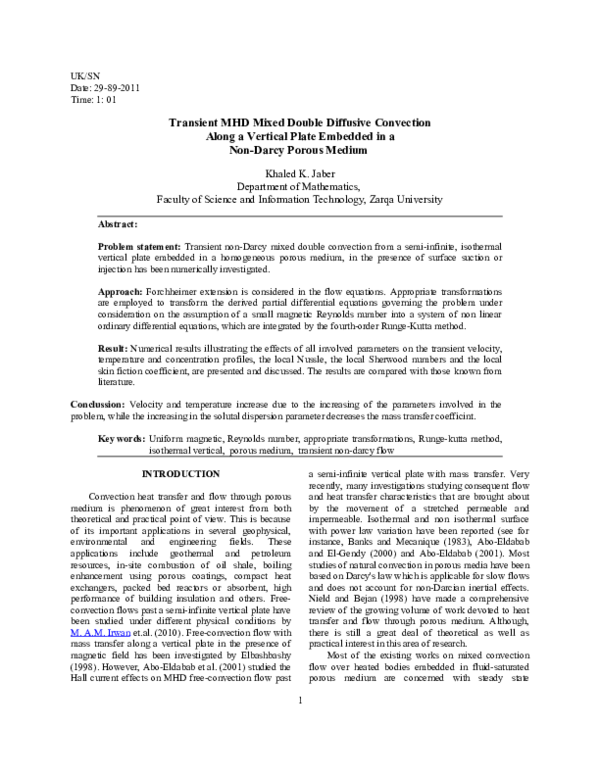 Doc Transient Mhd Mixed Double Diffusive Convection Along A Vertical Plate Embedded In A Non