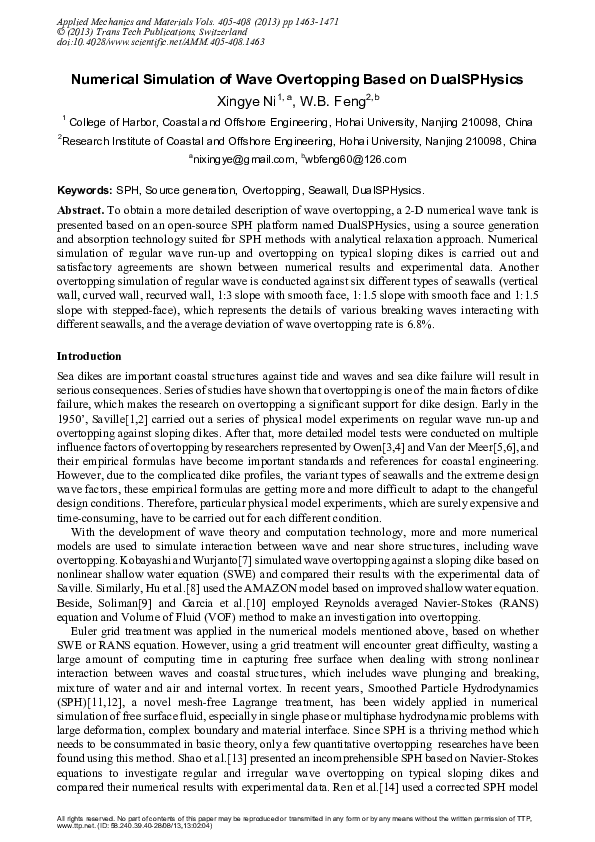 (PDF) Numerical Simulation of Wave Overtopping Based on DualSPHysics