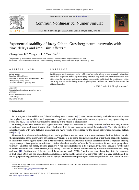 (PDF) Exponential stability of fuzzy Cohen–Grossberg neural networks with time delays and ...