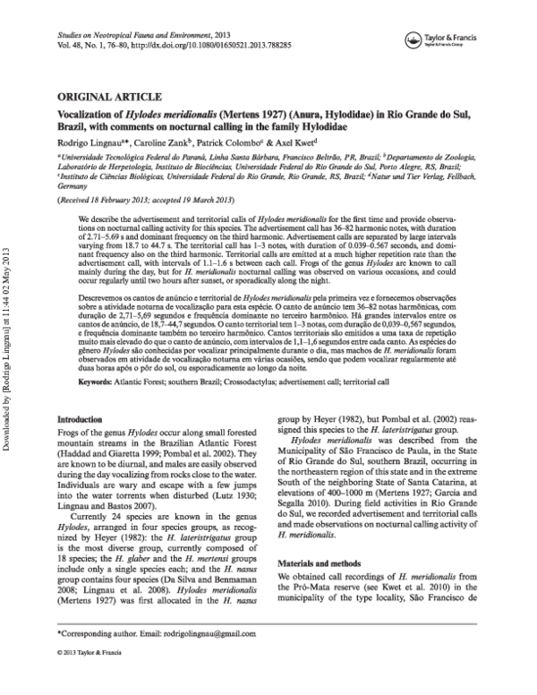 (PDF) Vocalization of Hylodes meridionalis (Mertens 1927) (Anura ...
