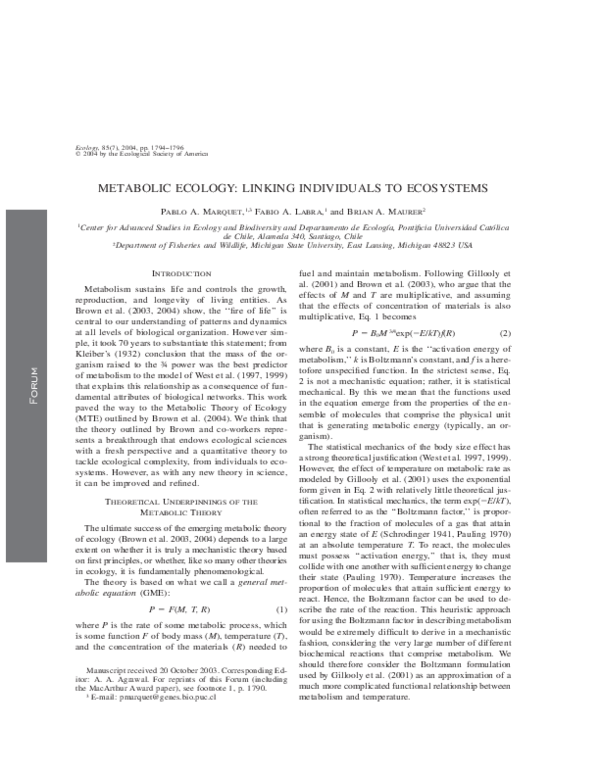 (PDF) METABOLIC ECOLOGY: LINKING INDIVIDUALS TO ECOSYSTEMS