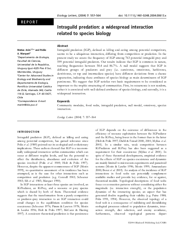 (PDF) Intraguild predation: a widespread interaction related to species ...
