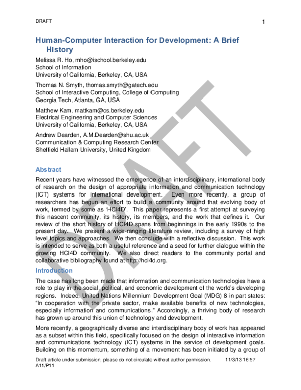 (DOC) Human-Computer Interaction for Development: A Brief History