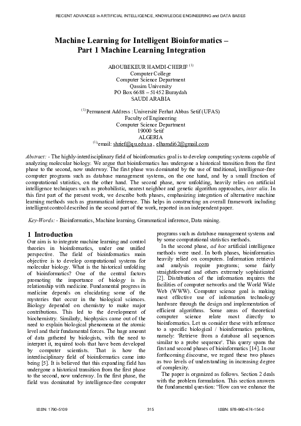 (PDF) Machine Learning for Intelligent Bioinformatics - Part 1 Machine ...