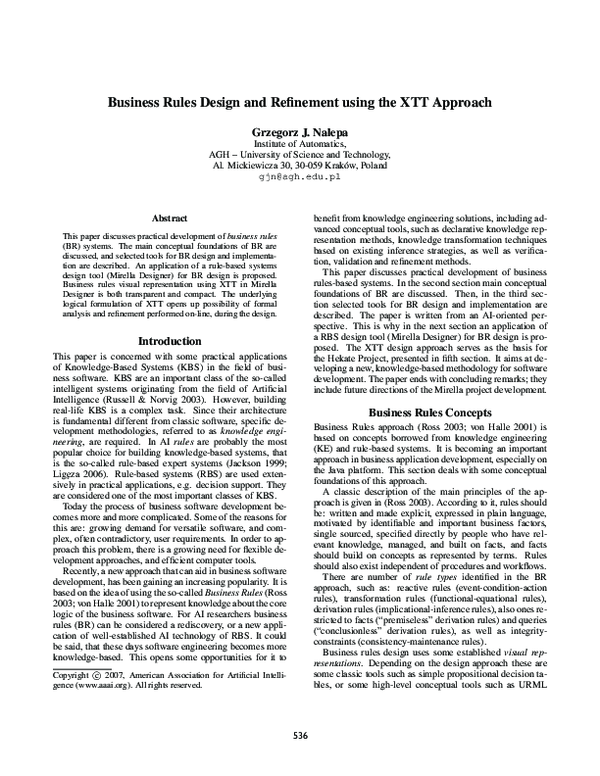 (PDF) Business Rules Design and Refinement Using the XTT Approach