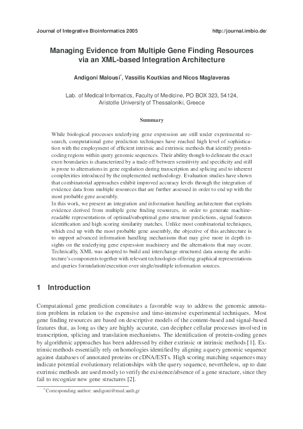 (PDF) Managing Evidence from Multiple Gene Finding Resources via an XML-based Integration ...