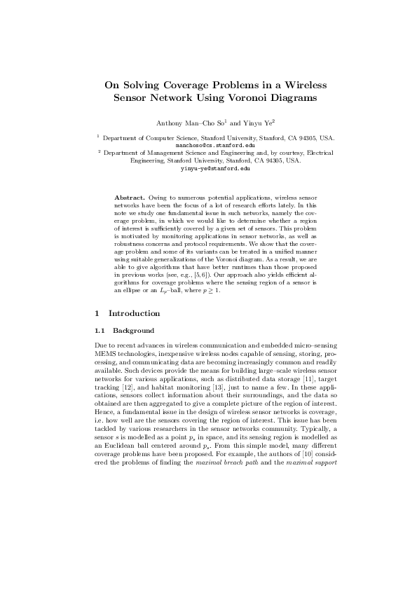 (PDF) On Solving Coverage Problems in a Wireless Sensor Network Using Voronoi Diagrams