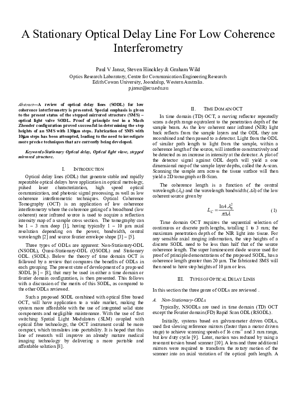 (PDF) A Stationary Optical Delay Line for Low Coherence Interferometry