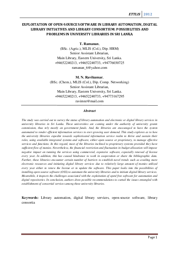 (DOC) Exploitation of Open-Source Software in Library Automation, Digital Library Initiatives ...