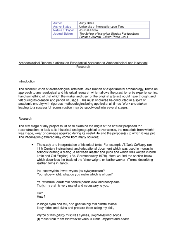 (PDF) Archaeological Reconstructions: an Experiential Approach to ...