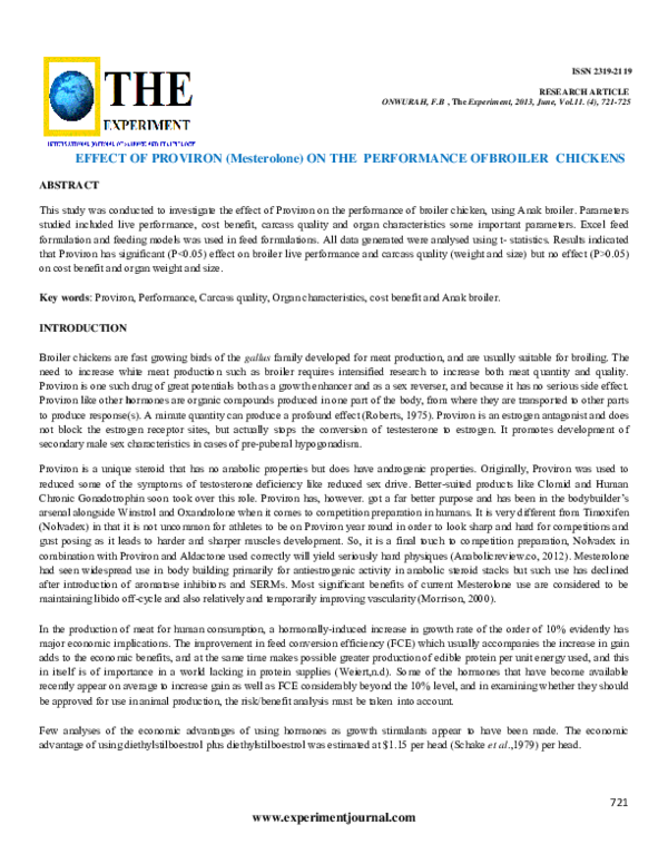 (PDF) EFFECT OF PROVIRON (Mesterolone) ON THE PERFORMANCE OFBROILER ...