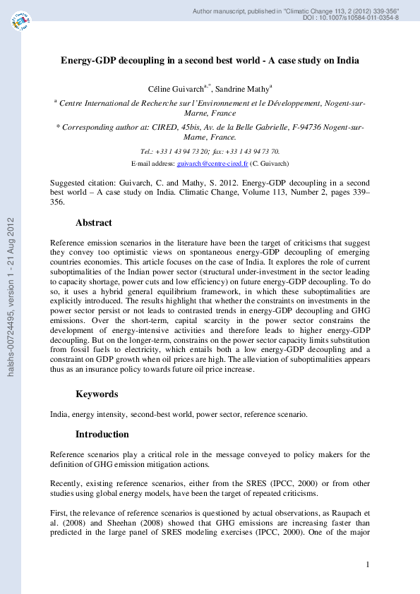 (PDF) Energy-GDP decoupling in a second best world--a case study on India