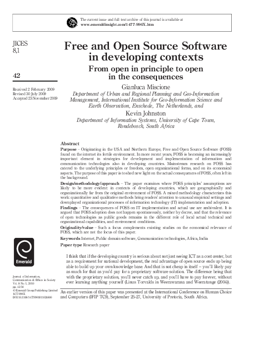 (PDF) Free and Open Source Software in developing contexts