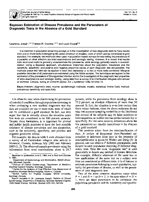 Pdf Bayesian Estimation Of Disease Prevalence And The Parameters Of Diagnostic Tests In The