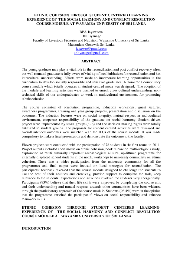(PDF) ETHNIC COHESION THROUGH STUDENT CENTERED LEARNING