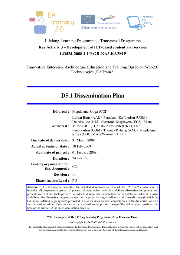 (PDF) D5. 1 Dissemination Plan: EU-deliverable-EAtrain2 project
