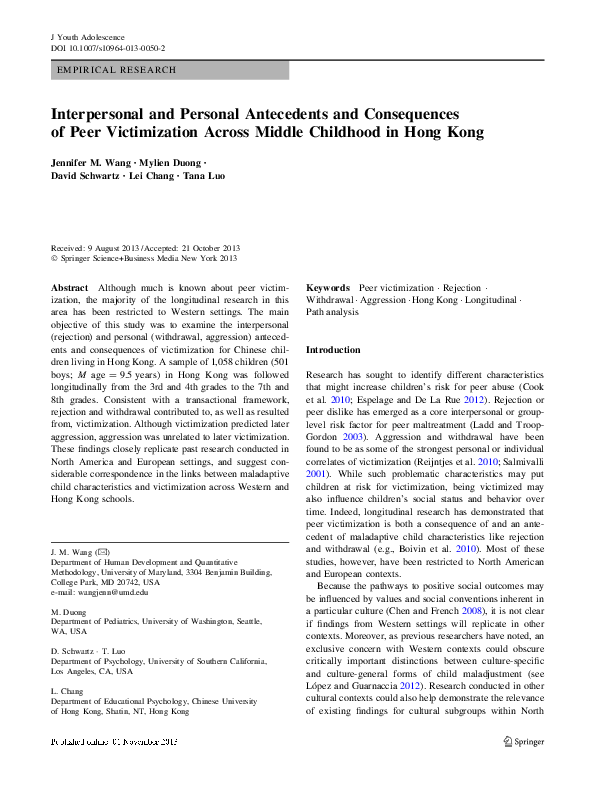 Interpersonal and Personal Antecedents and Consequences of Peer ...