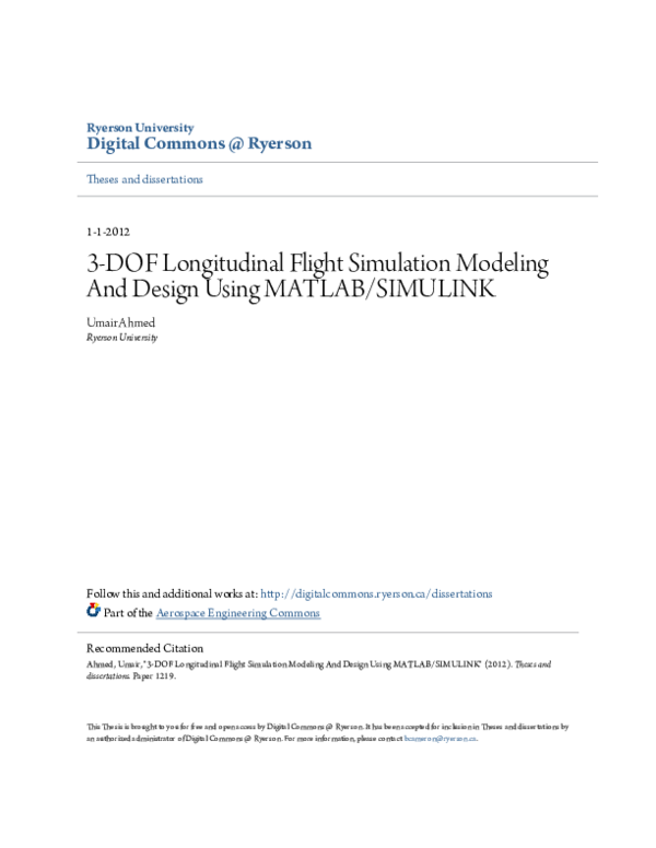 (PDF) Ryerson University 3-DOF Longitudinal Flight Simulation Modeling And Design Using MATLAB ...