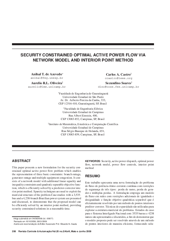 (PDF) Security constrained optimal active power flow via network model and interior point method
