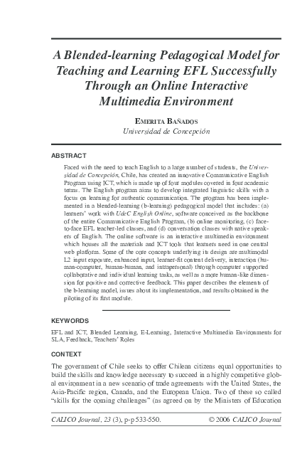 (PDF) A Blended-learning Pedagogical Model for Teaching and Learning EFL Successfully Through an ...
