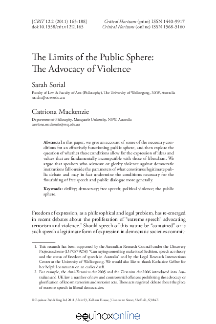 (PDF) e Limits of the Public Sphere: e Advocacy of Violence 1