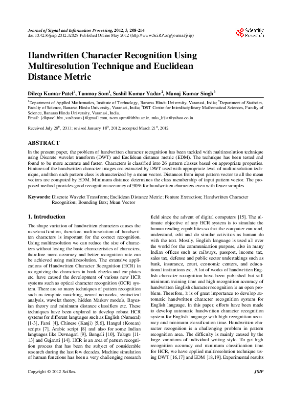 (PDF) Handwritten Character Recognition Using Multiresolution Technique and Euclidean Distance ...