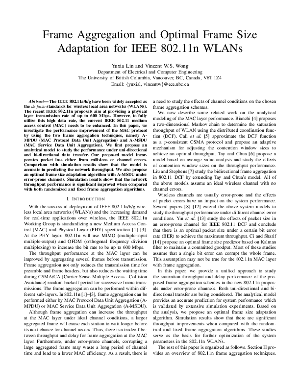 Pdf Frame Aggregation And Optimal Frame Size Adaptation For Ieee 802