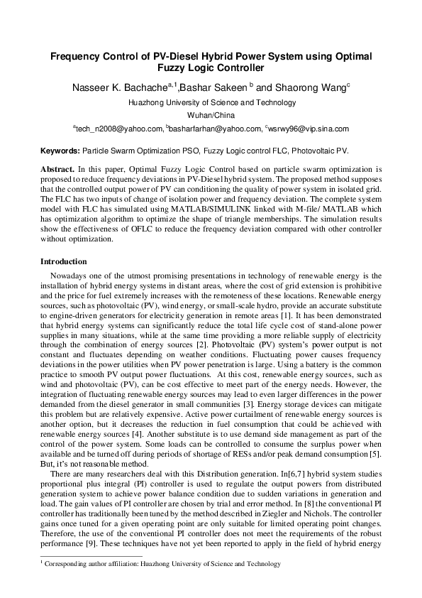 Pdf Frequency Control Of Pv Diesel Hybrid Power System Using Optimal Fuzzy Logic Controller
