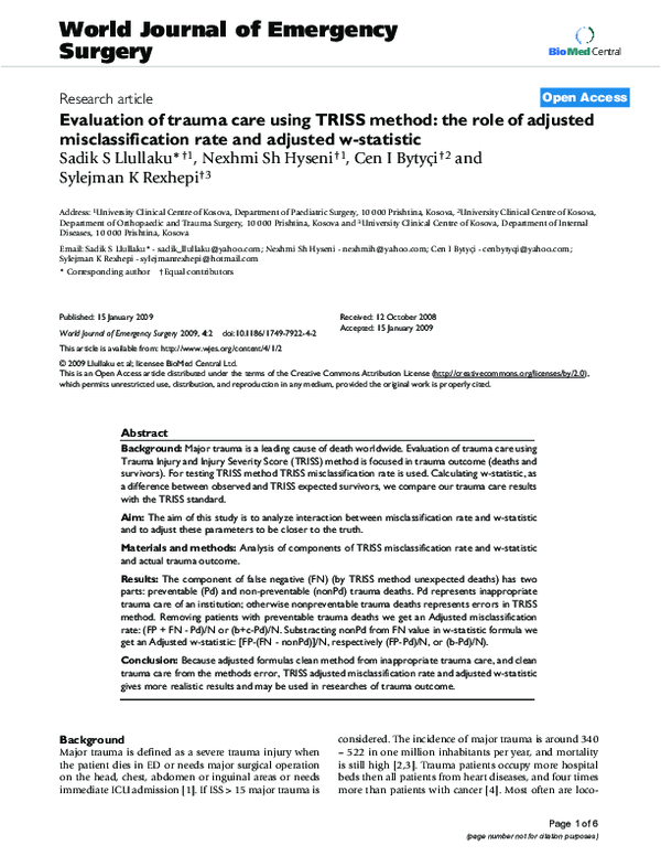 (PDF) Evaluation of trauma care using TRISS method: the role of ...