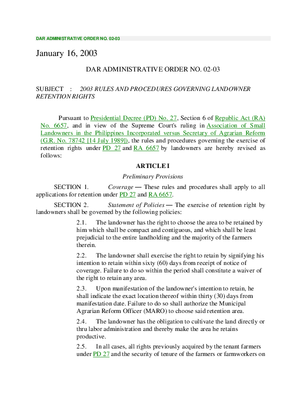 (DOC) DAR ADMINISTRATIVE ORDER NO. 02-03