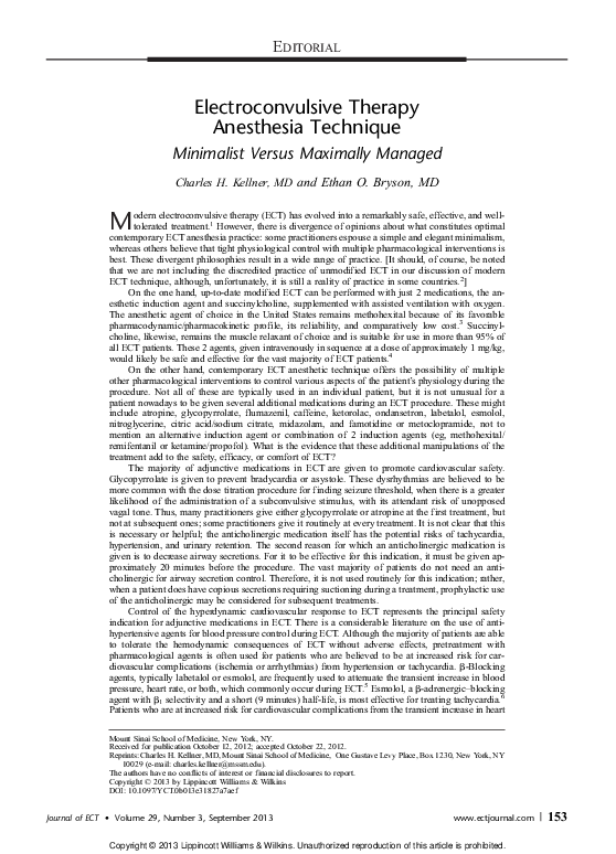 (PDF) Electroconvulsive therapy anesthesia technique: minimalist versus maximally managed.