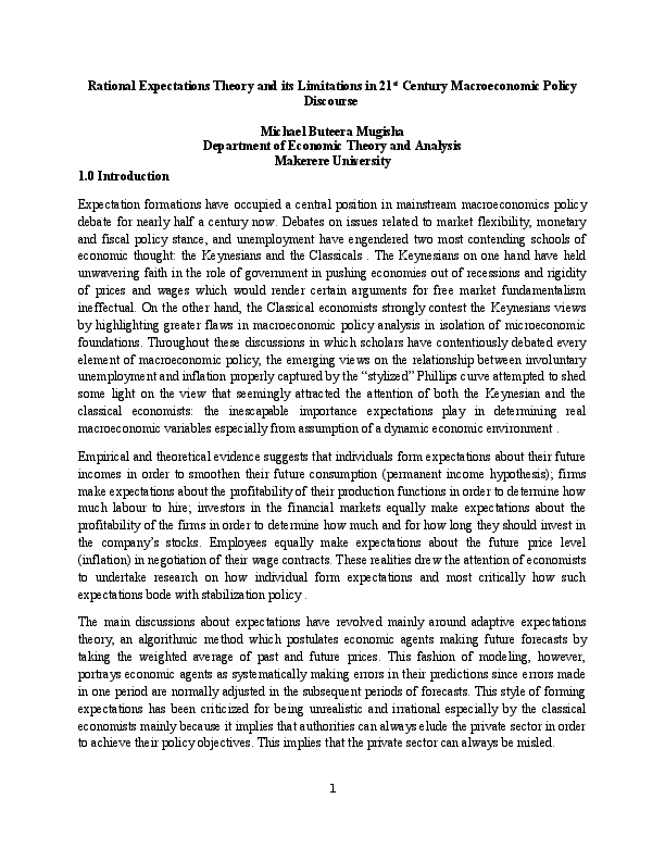 Rational Expectations Theory and its Limitations in 21 st Century ...