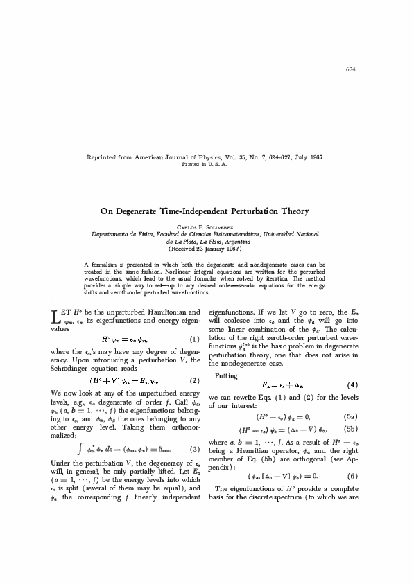 (PDF) On Degenerate Time-Independent Perturbation Theory
