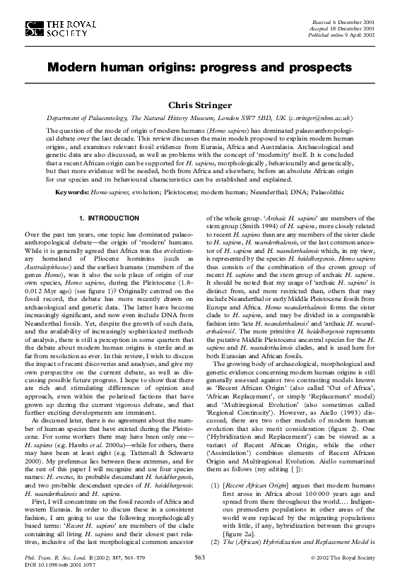 (PDF) Modern human origins: progress and prospects