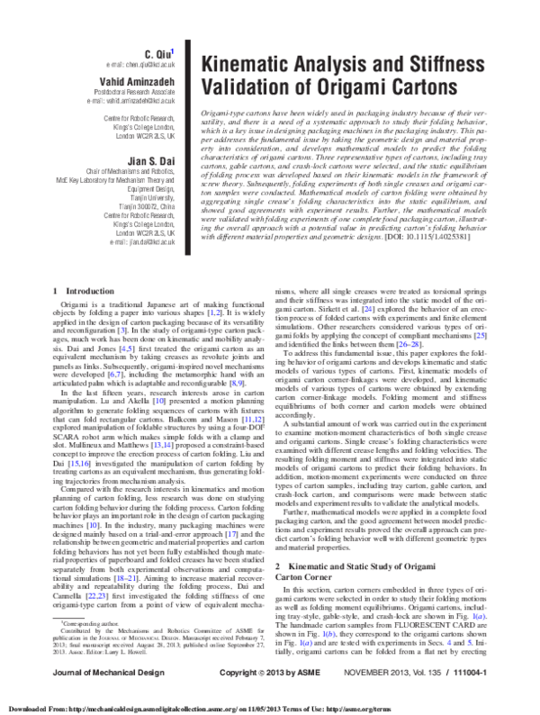 (PDF) Kinematic Analysis and Stiffness Validation of Origami Cartons