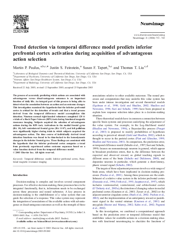 Pdf Trend Detection Via Temporal Difference Model Predicts Inferior Prefrontal Cortex