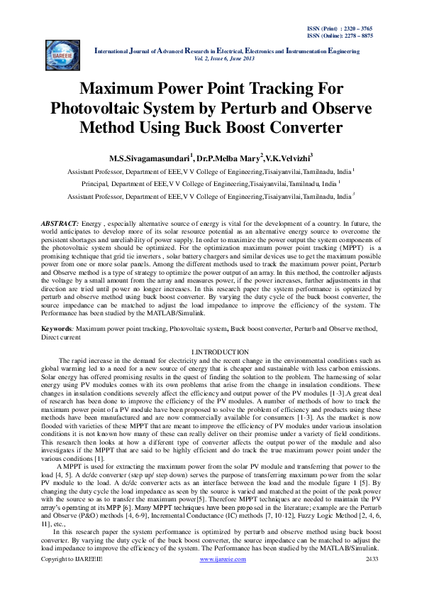 Pdf Maximum Power Point Tracking For Photovoltaic System By Perturb And Observe Method Using 1359