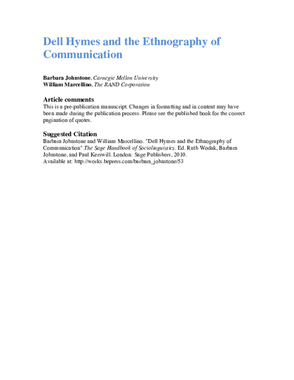 (PDF) Dell Hymes and the Ethnography of Communication