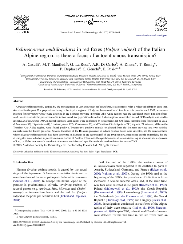 (PDF) Echinococcus multilocularis in red foxes (Vulpes vulpes) of the Italian Alpine region: is ...