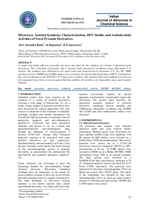 (PDF) Microwave Assisted Synthesis, Characterization, DFT Studies and Antimicrobial Activities ...