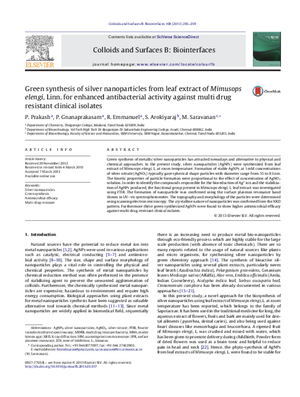 (PDF) Green synthesis of silver nanoparticle using mimusops elengi extract and its antimicrobial ...