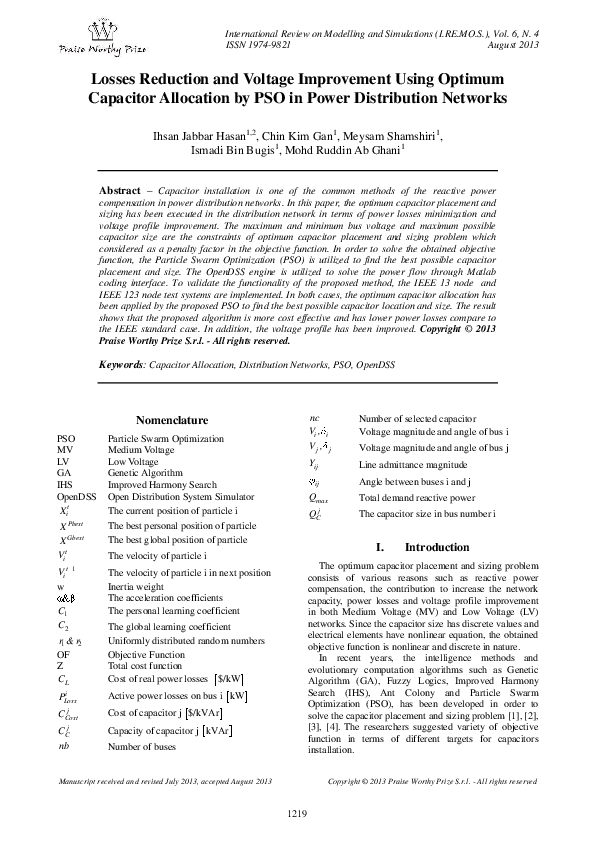 (PDF) Losses Reduction and Voltage Improvement Using Optimum Capacitor Allocation by PSO in ...