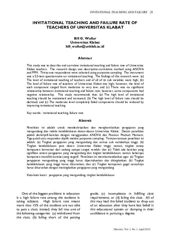 (PDF) INVITATIONAL TEACHING AND FAILURE | 1 INVITATIONAL TEACHING AND ...