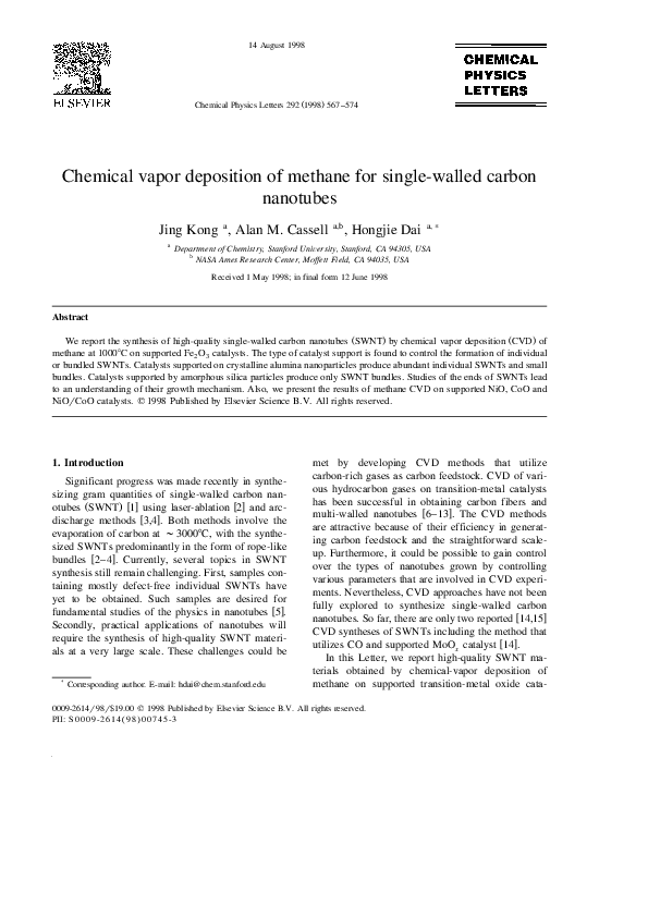(PDF) Chemical vapor deposition of methane for single-walled carbon ...