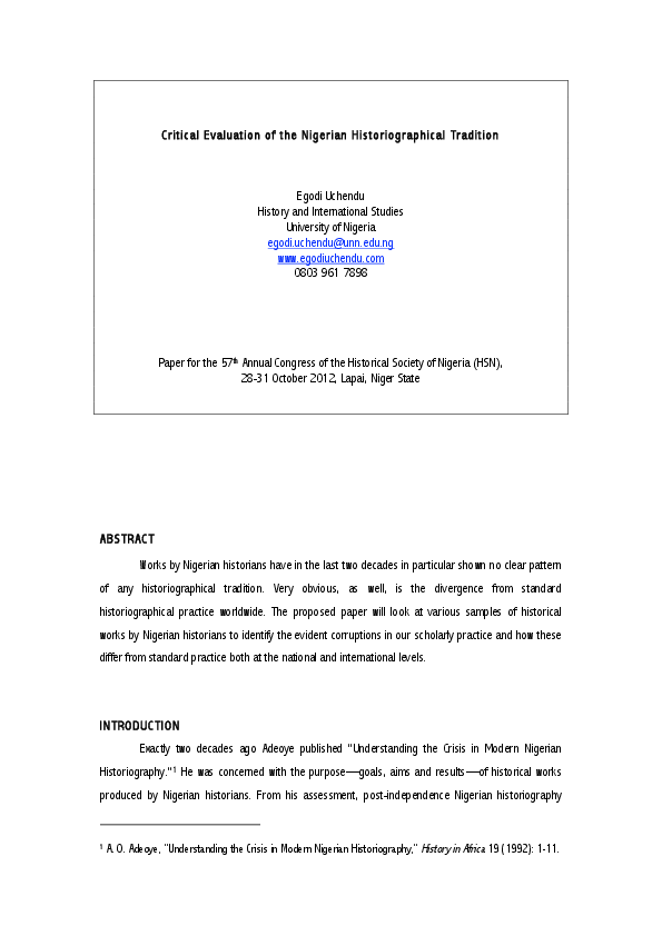 (PDF) Critical Evaluation of Nigerian Historiographical Tradition