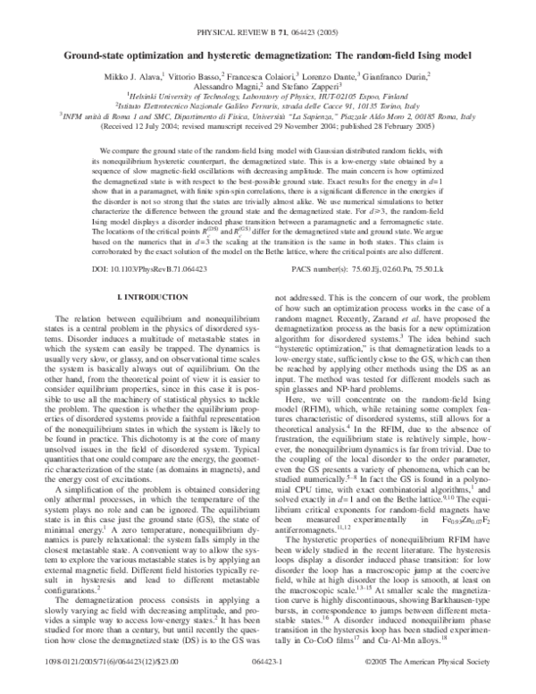 (PDF) Ground-state optimization and hysteretic demagnetization: The random-field Ising model