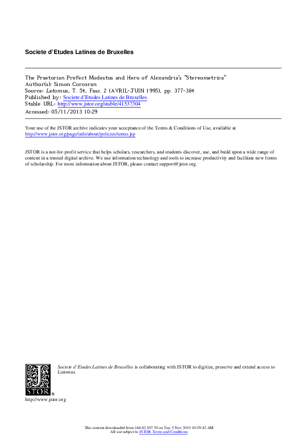 (PDF) The Praetorian Prefect Modestus and Hero of Alexandria’s ...