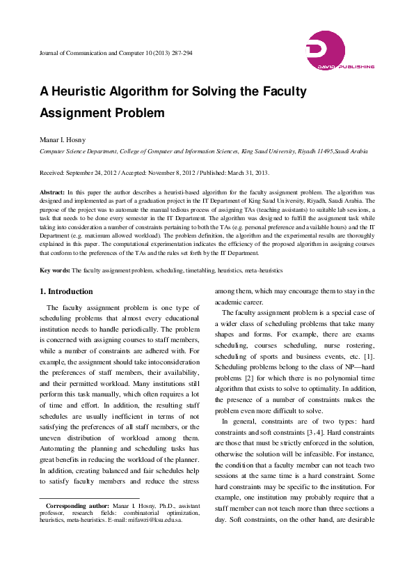 Pdf A Heuristic Algorithm For Solving The Faculty Assignment Problem